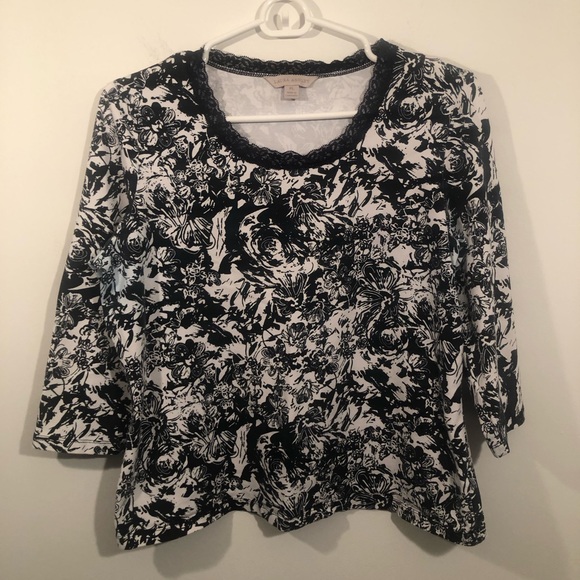 Laura Ashley | Tops | Laura Ashley Navy Blue And White Floral Top With Lace Neckline | Poshmark